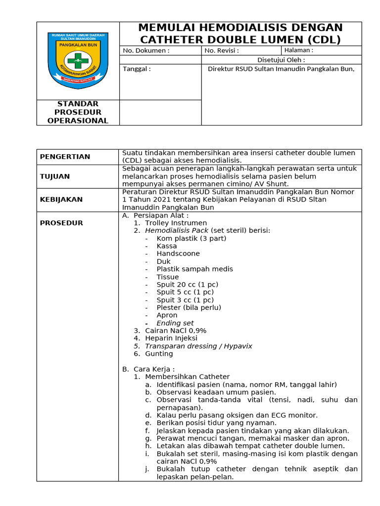 Prosedur Hemodialisis CDL 2025 | PDF