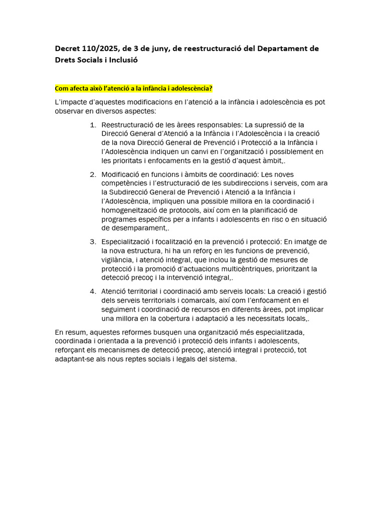 RESUM Decret 110-2025, de 3 de Juny, de Reestructuració Del Departament de Drets Socials I ...