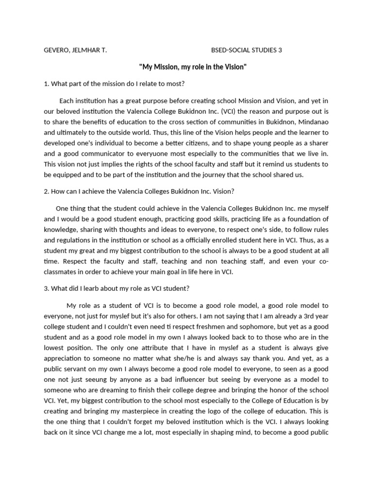 My Mission, My Role in The Vision | PDF | Cognition