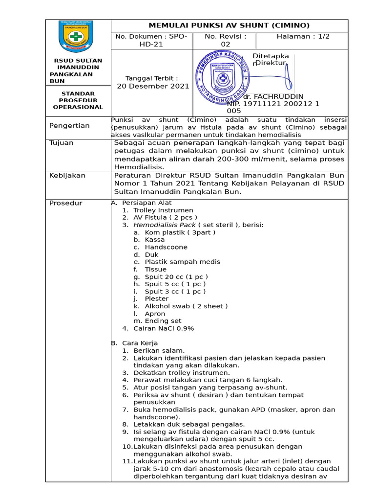 Punksi Akses Vaskuler AV Shunt Cimino 2025 | PDF