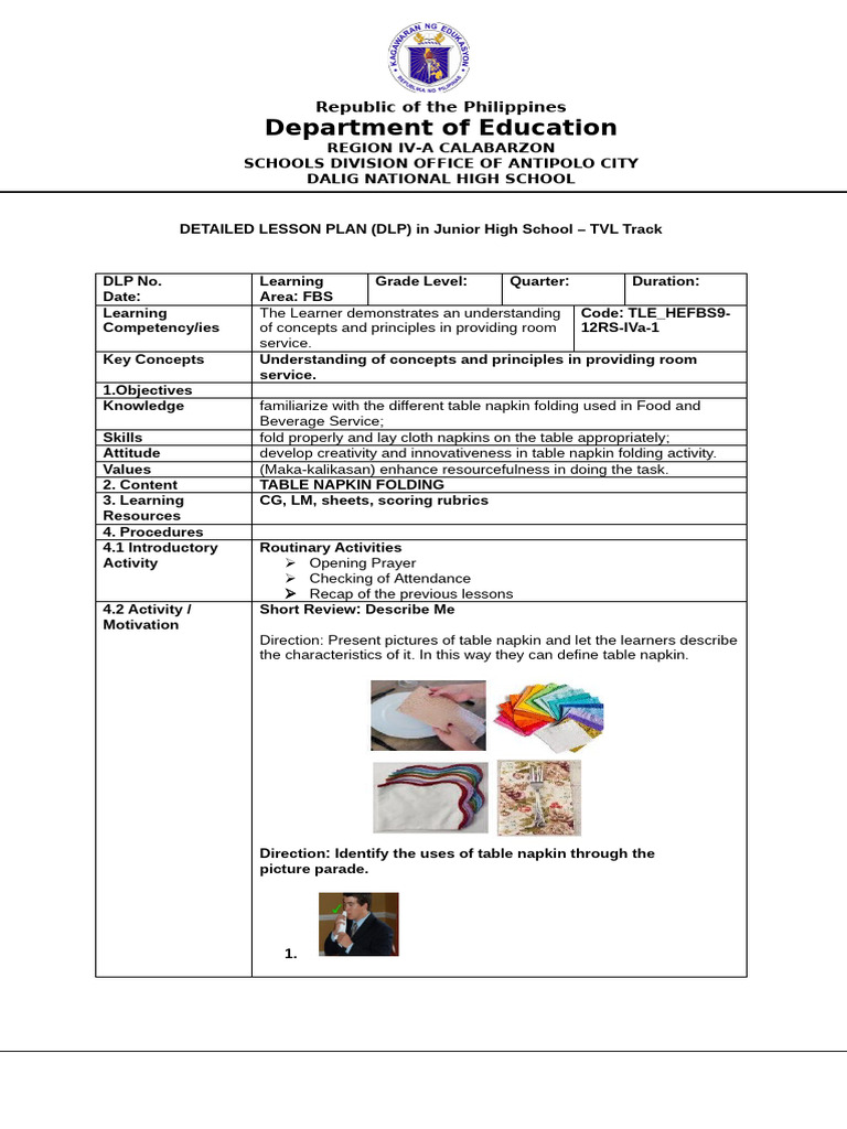 Detailed Lesson Plan: Napkin Folding | PDF | Learning | Cognition