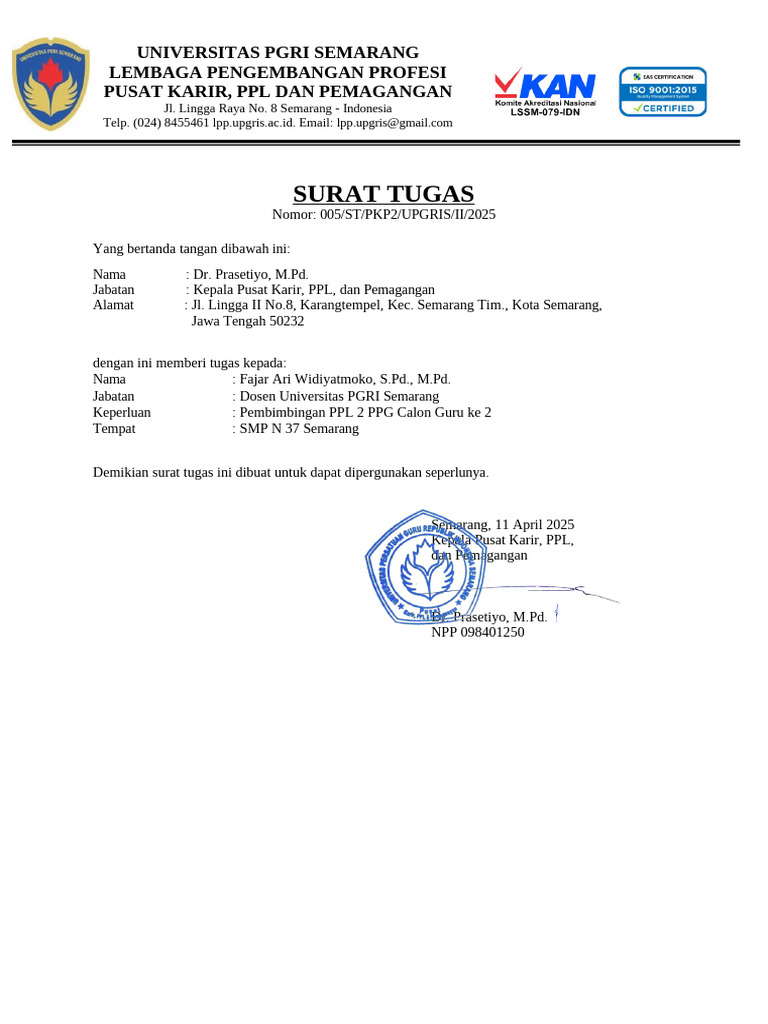 Surat Tugas DPL (Fajar Ari Widiyatmoko, S.PD., M.PD.) Ke1 | PDF