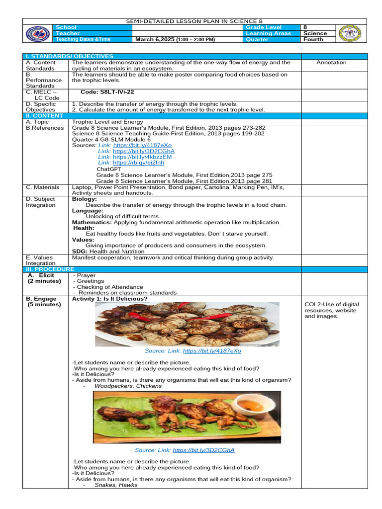 Science 8 Lesson Plan: Trophic Levels | PDF | Solubility | Food Web