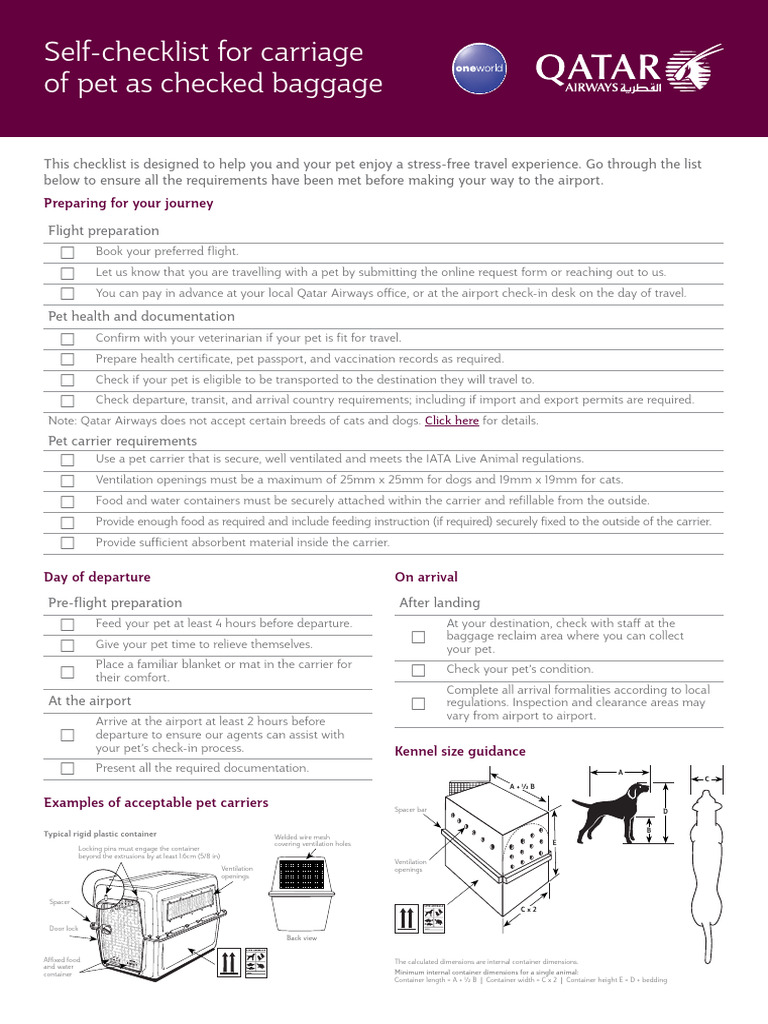 Qatar Airways Pet Travel Checklist | PDF | Animals And Humans