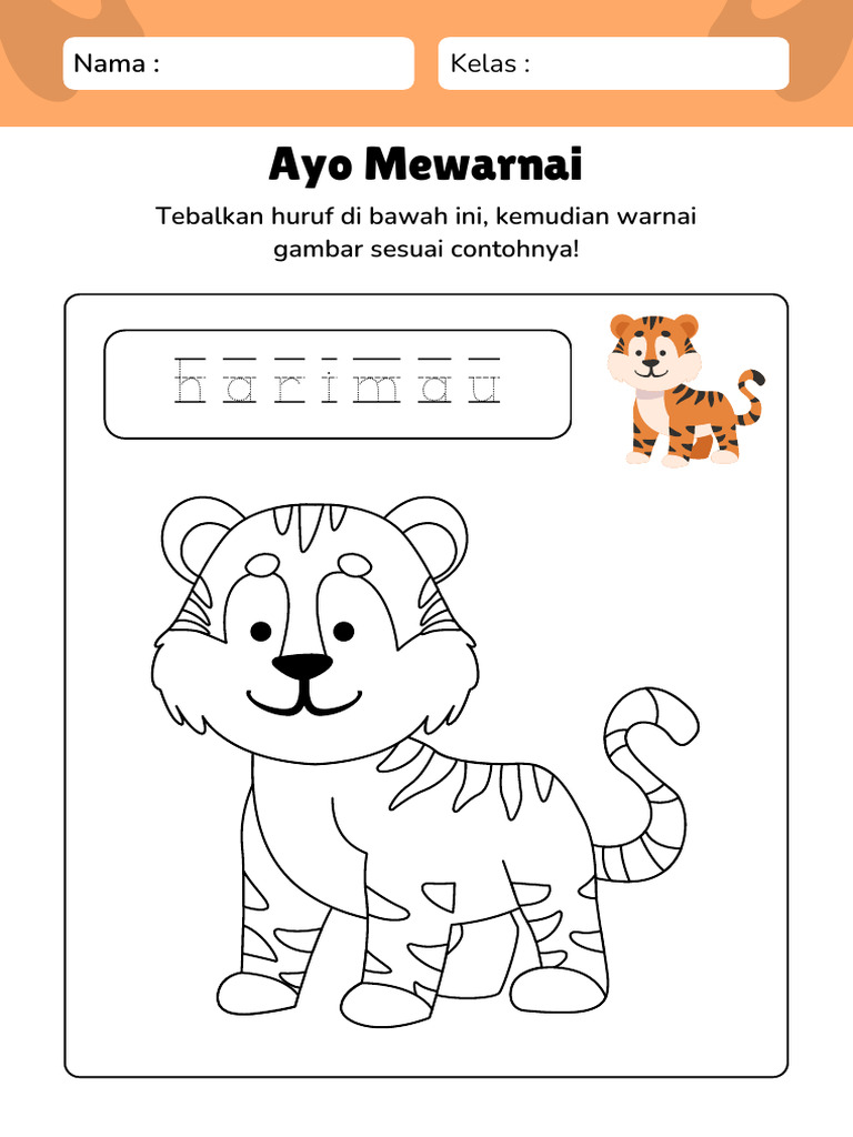 Mewarnai Hewan Lembar Kerja Oranye Sederhana Ilustratif - 20250318 ...