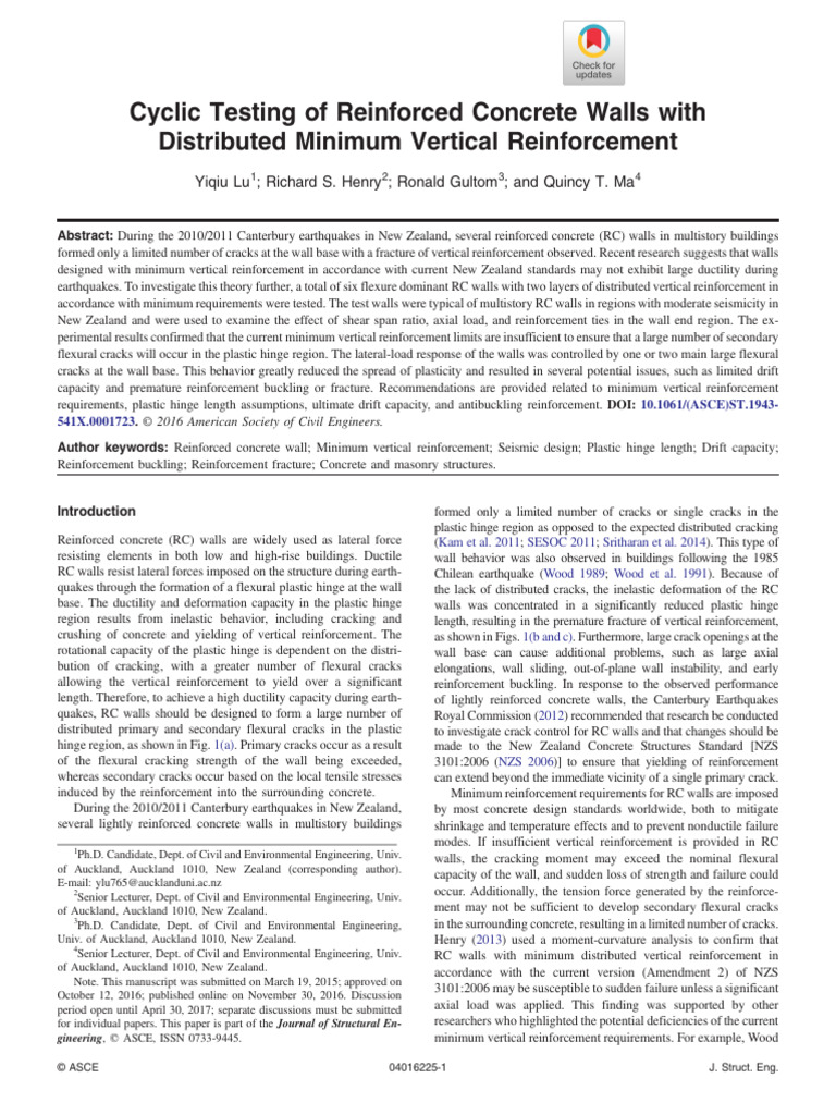 2017 Lu Et Al Cyclic Testing of Reinforced Concrete Walls With ...
