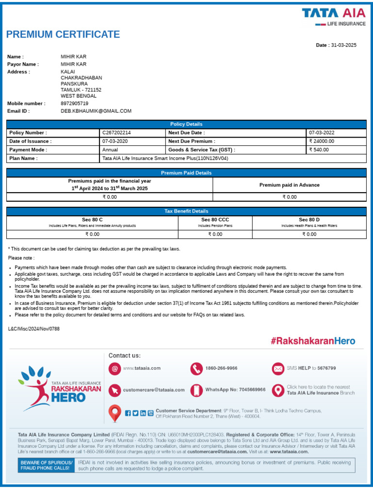 Tata AIA Life Insurance Premium Certificate | PDF | Insurance | Life ...