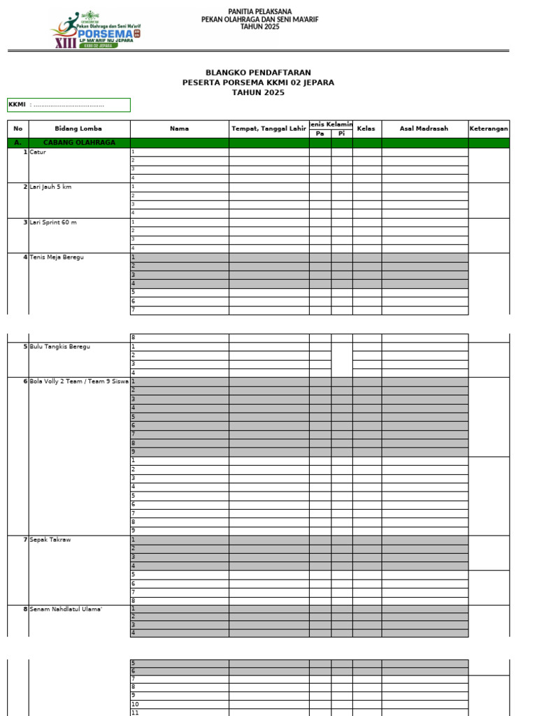 Form Pendaftaran Porsema Kkmi ............. | PDF