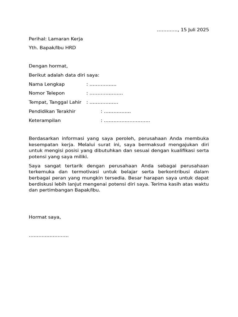 Contoh Surat Lamaran Kerja Simpel | PDF