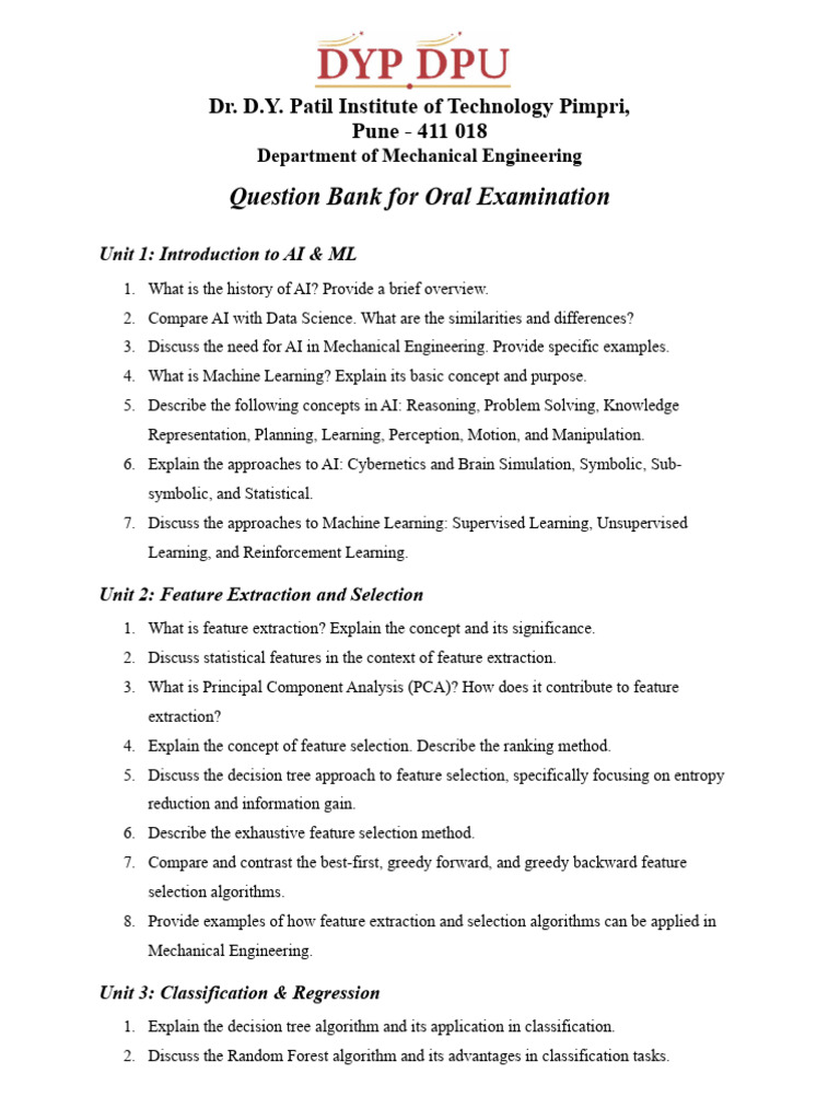 AIML Question Bank For Oral Examination. | PDF | Machine Learning | Deep Learning