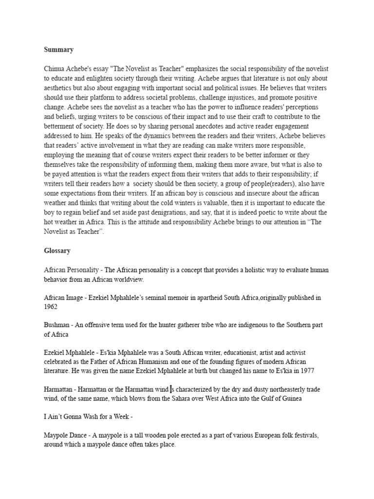 Achebe's Vision: Novelist as Teacher | PDF
