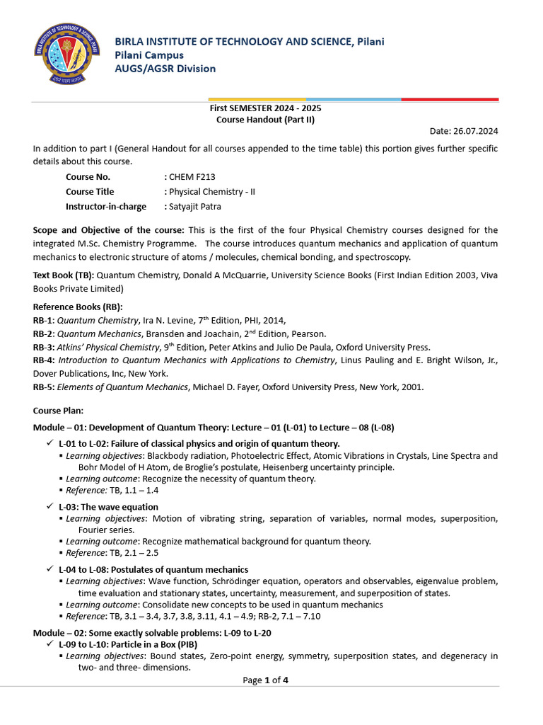 Handout CHEM F213 1 2024 (PC-2) | PDF | Hartree–Fock Method | Spectroscopy
