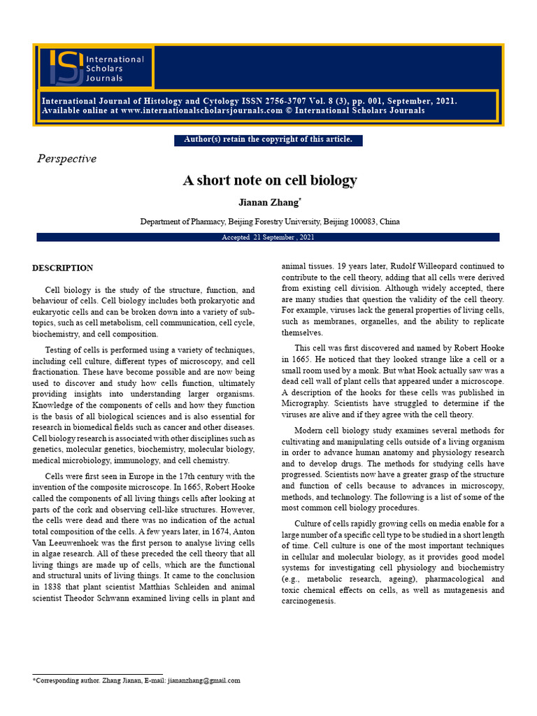 A Short Note On Cell Biology | PDF | Cell Biology | Cell (Biology)