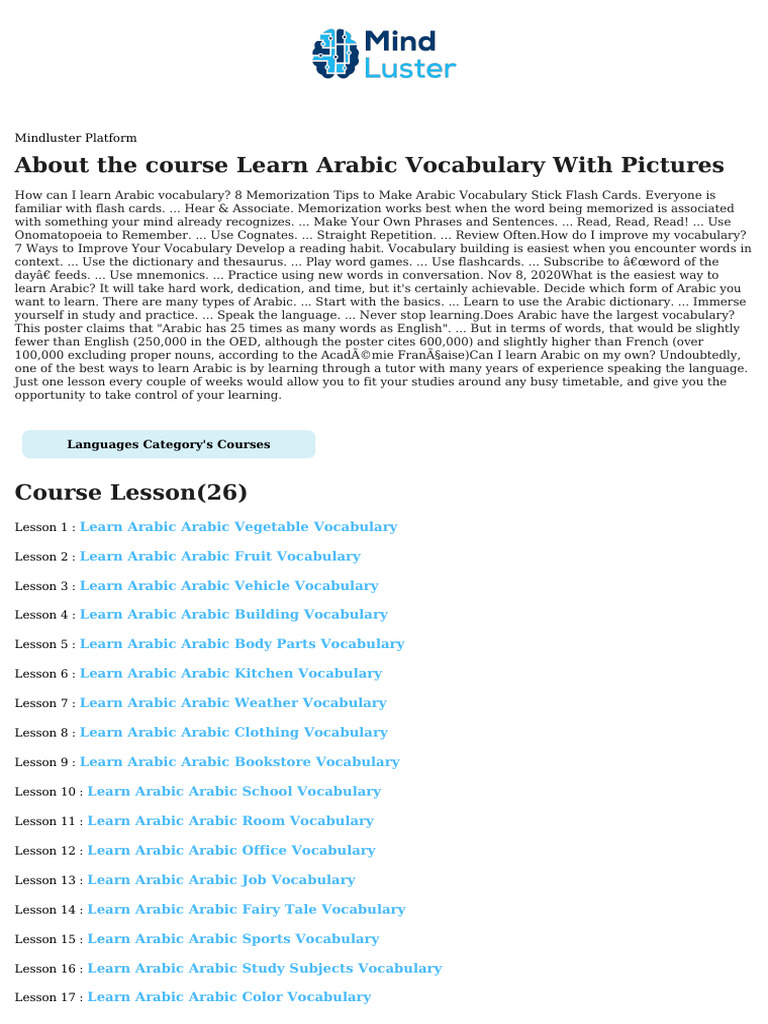 Learn Arabic Vocabulary With Pictures Course Content | PDF | Vocabulary ...