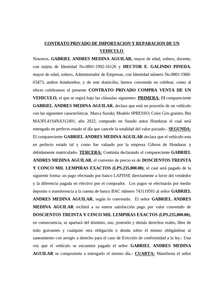 Contrato Privado Compra Venta Vehiculo | PDF