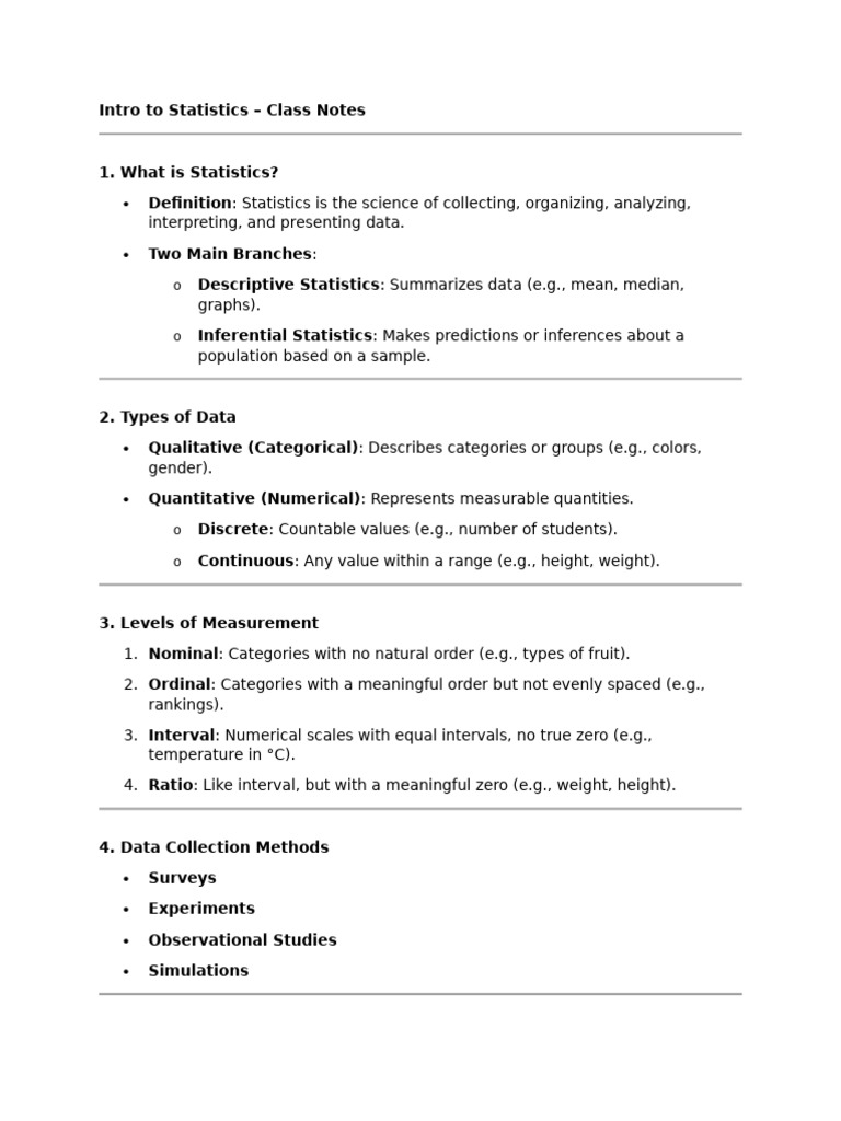 Intro to Statistics Class Notes | PDF