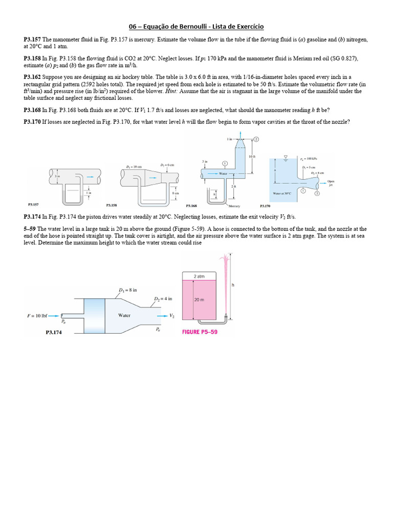 Bernoulli Equation Exercises and Solutions | PDF