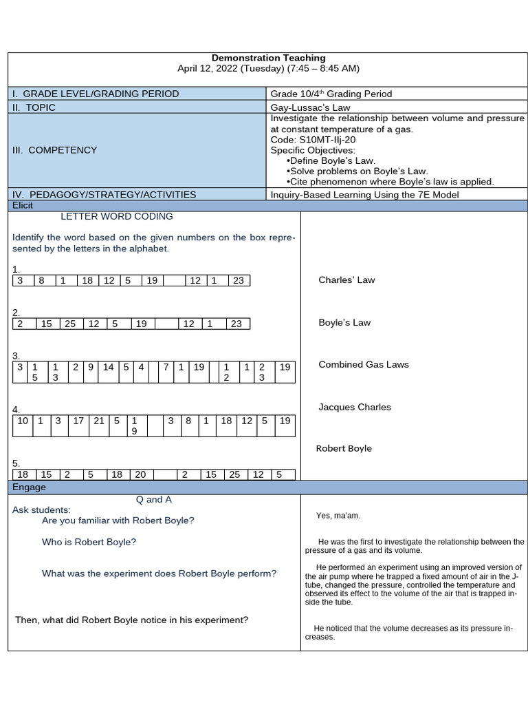 COT Demo 4th Quarter G10 Charles Law | PDF | Gases | Exhalation