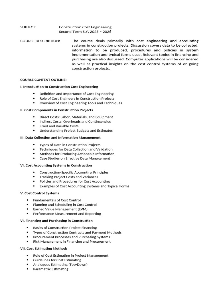 Course Outline Construction Cost - 040703 | PDF | Cost Accounting ...