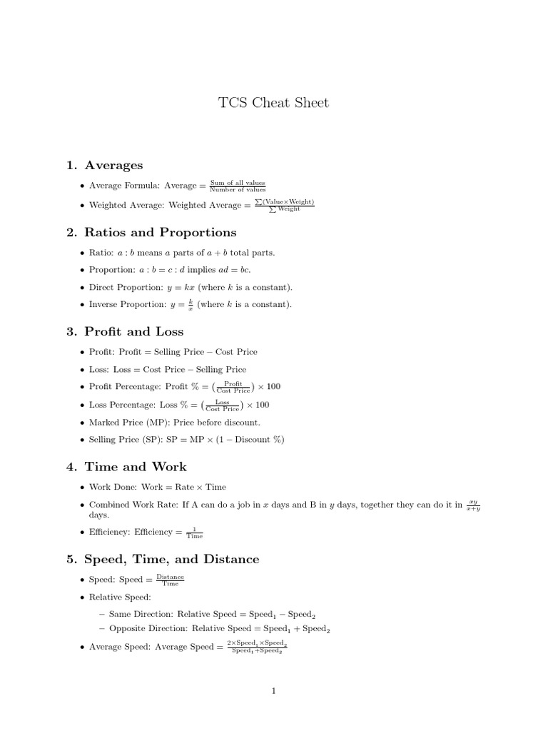 TCS Aptitude Imp Formulas | PDF | Mathematics | Elementary Mathematics