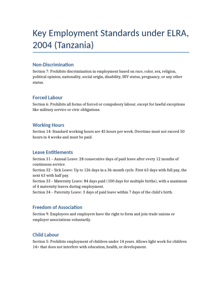 Tanzania ELRA 2004 Employment Standards | PDF