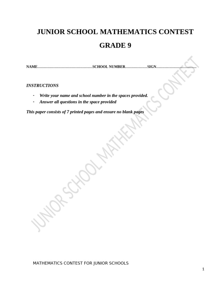 Grade 9 Mathematics Contest Paper | PDF | Area | Mathematics