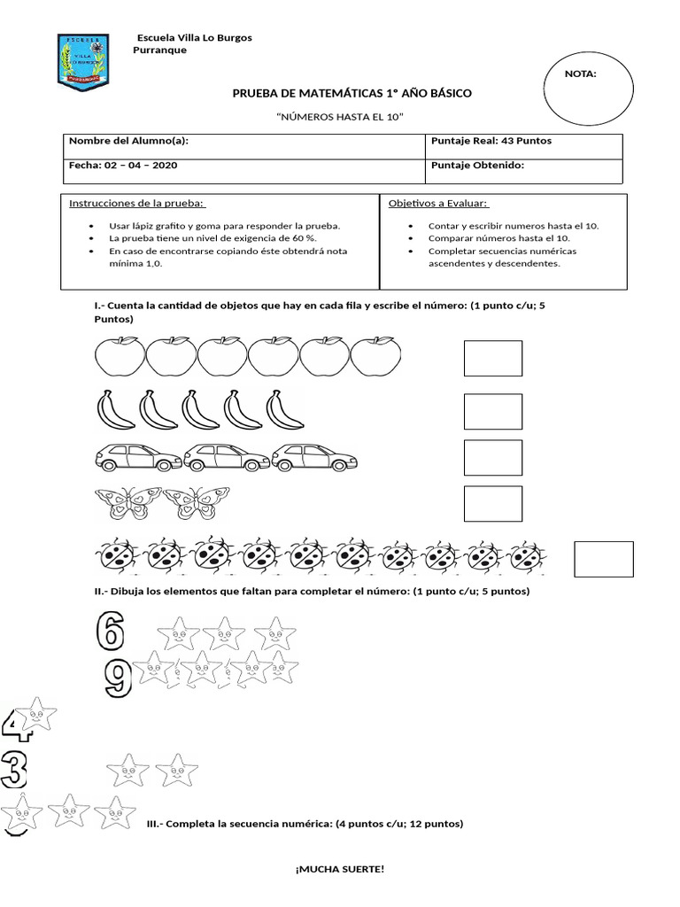 Prueba de Numeración Hasta 10 - 1° Año | PDF