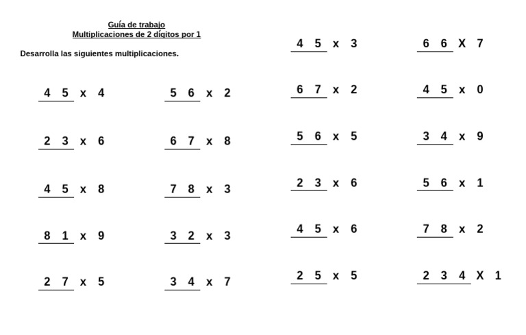 Multiplicaciones de 2 Dígitos por 1 | PDF