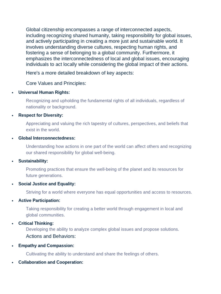 Global Citizenship Encompasses A Range of Interconnected Aspects | PDF