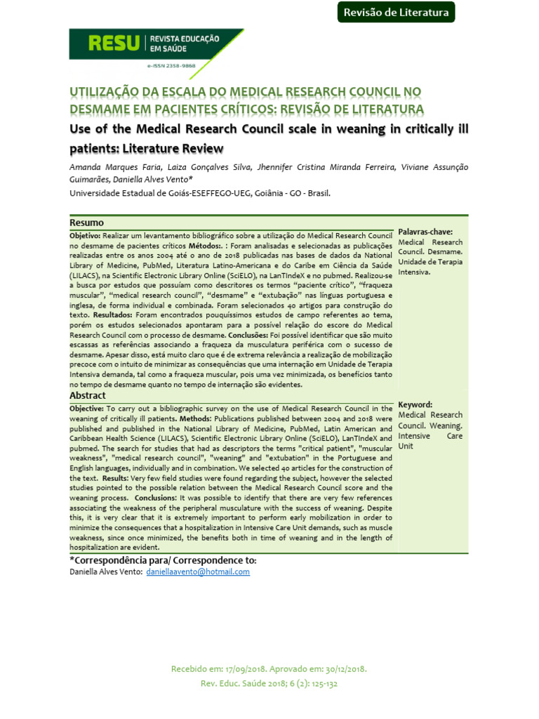 Artigo Sobre A Escala MRC | PDF | Músculo | Unidade de Tratamento Intensivo (UTI)