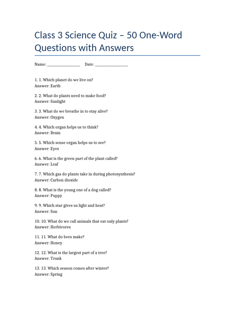 Class 3 Science Quiz with Answers | PDF | Plants | Water