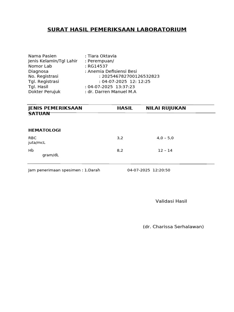 Surat Hasil Lab Anemia Defisiensi Besi | PDF