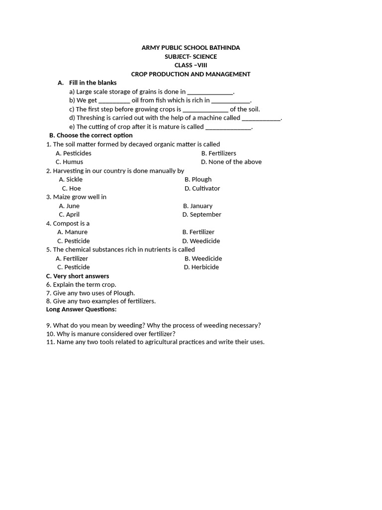 Crop Production and Management Worksheet | PDF