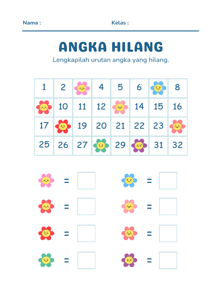 Angka Hilang Lembar Kerja Tambahan Matematika Biru Purih Ilustratif | PDF