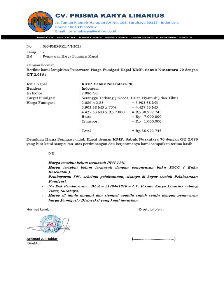 Penawaran Harga Fumigasi Kapal KMP. Sabuk Nusantara 70 | PDF