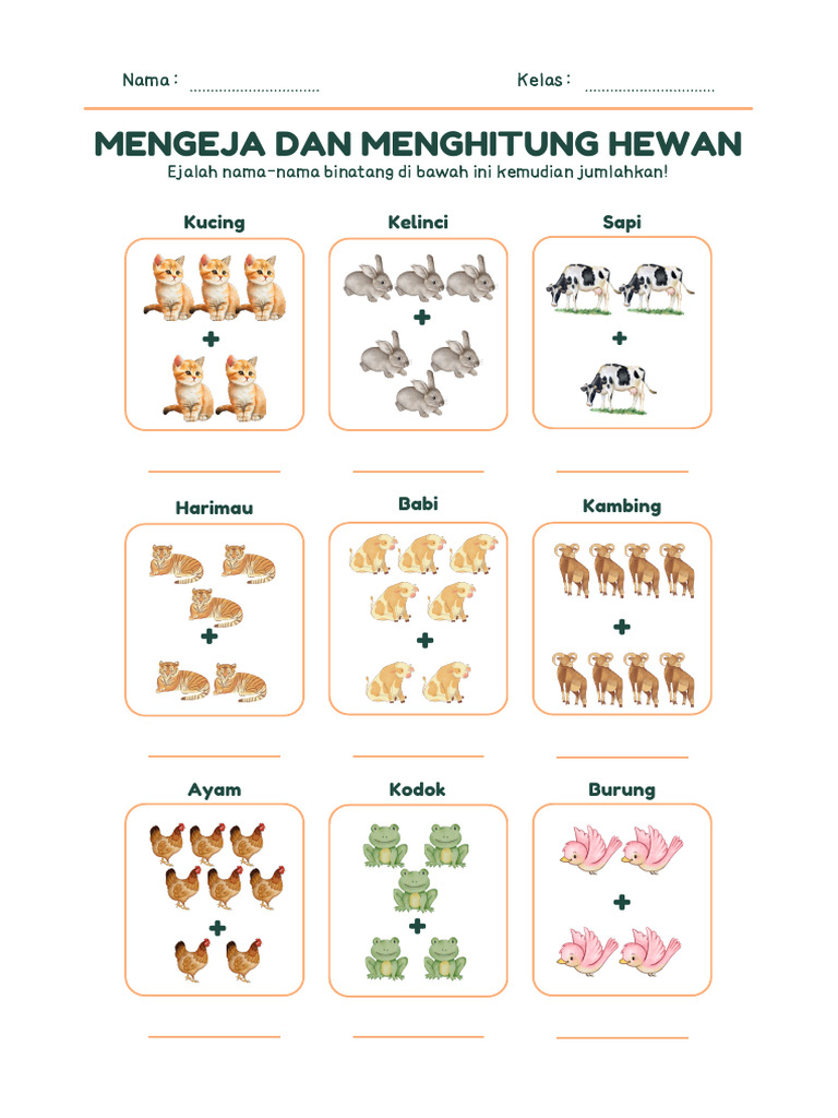 Mengeja Dan Menghitung Hewan Lembar Kerja TK SD Kelas 1 Hijau Kuning ...