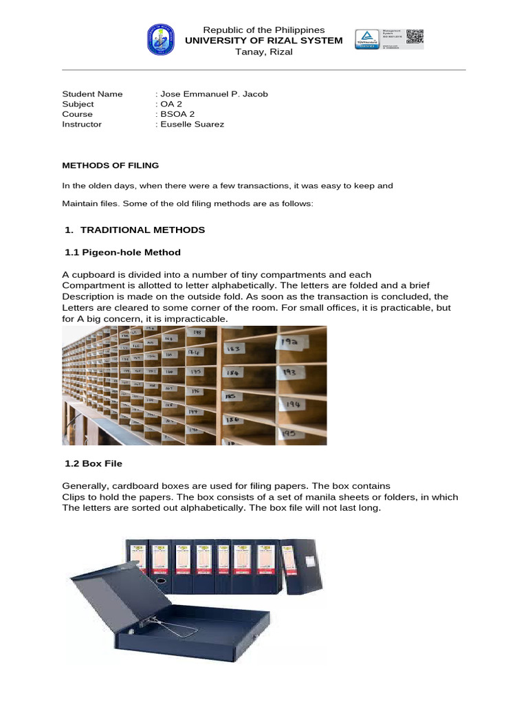 Pigeon Hole Filing Methods Explained | PDF