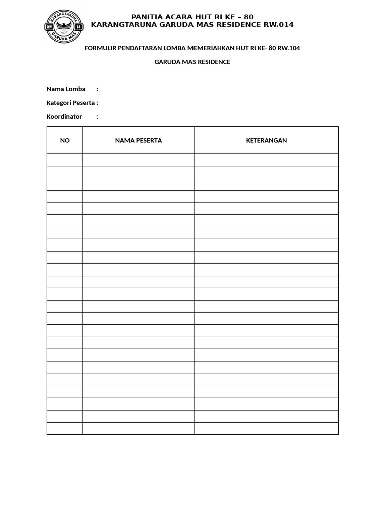 Formulir Pendaftaran Lomba Lomba 17 Agustus 2025 | PDF