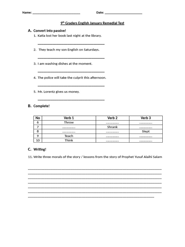 9th Graders English January 2025 Remedial Test | PDF