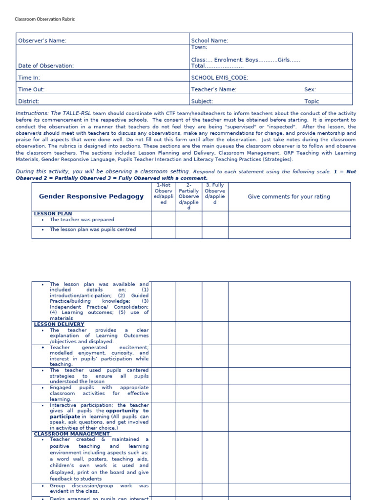 Classroom Observation Rubric | PDF | Teachers | Communication