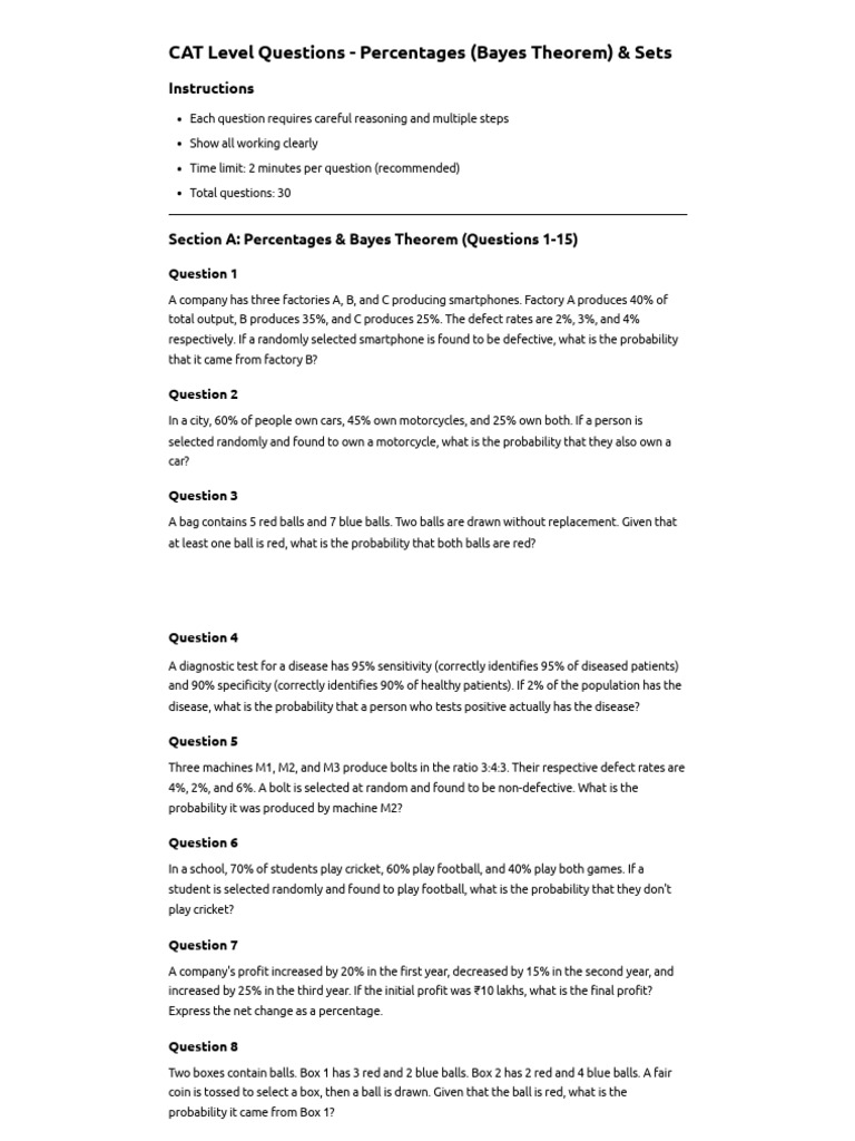 CAT Level Questions - Percentages & Sets | PDF | Sensitivity And ...
