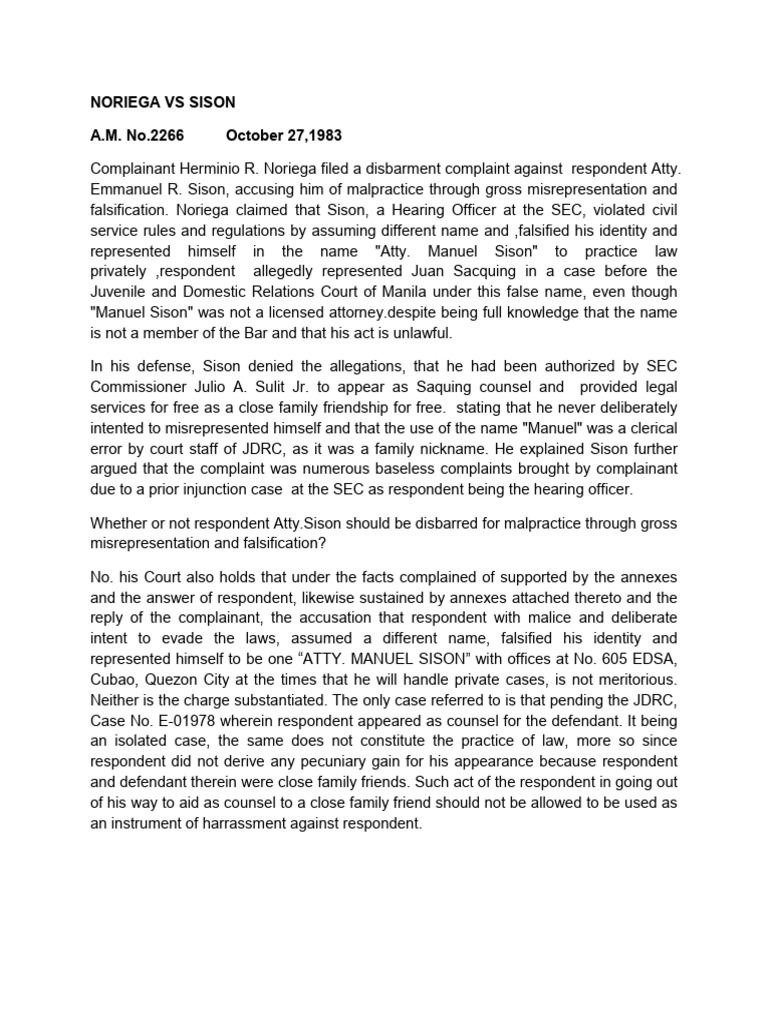 Disbarment Case: Noriega vs. Sison | PDF | Justice | Crime & Violence