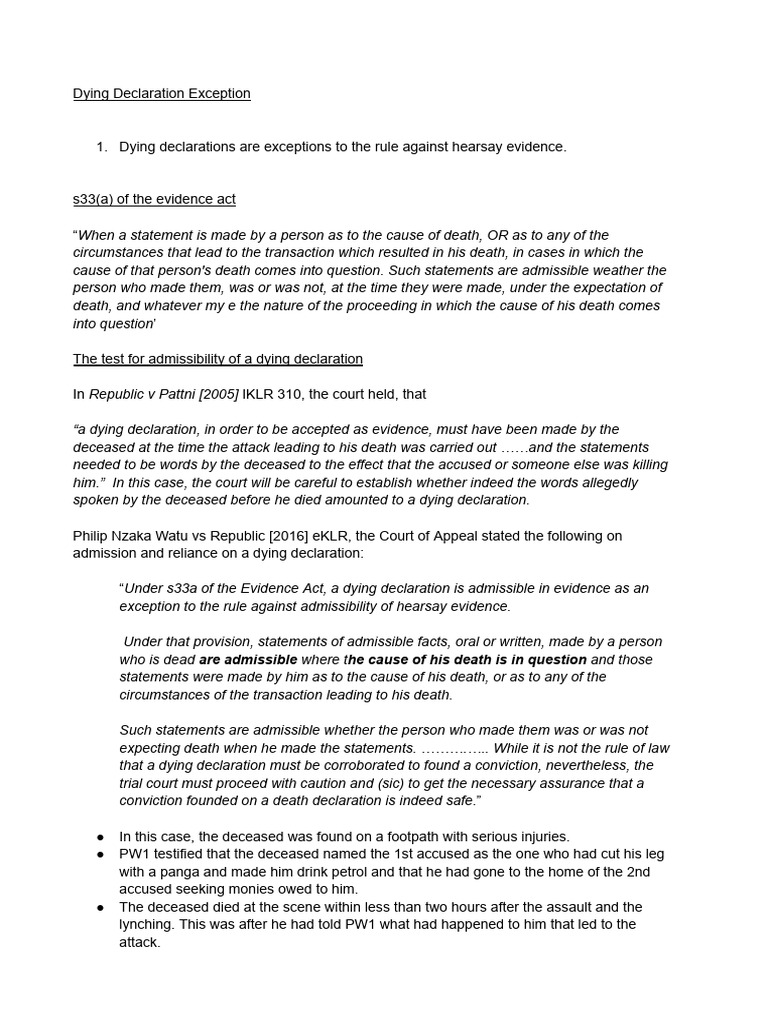 Dying Declaration Exception | PDF | Hearsay | Hearsay In United States Law