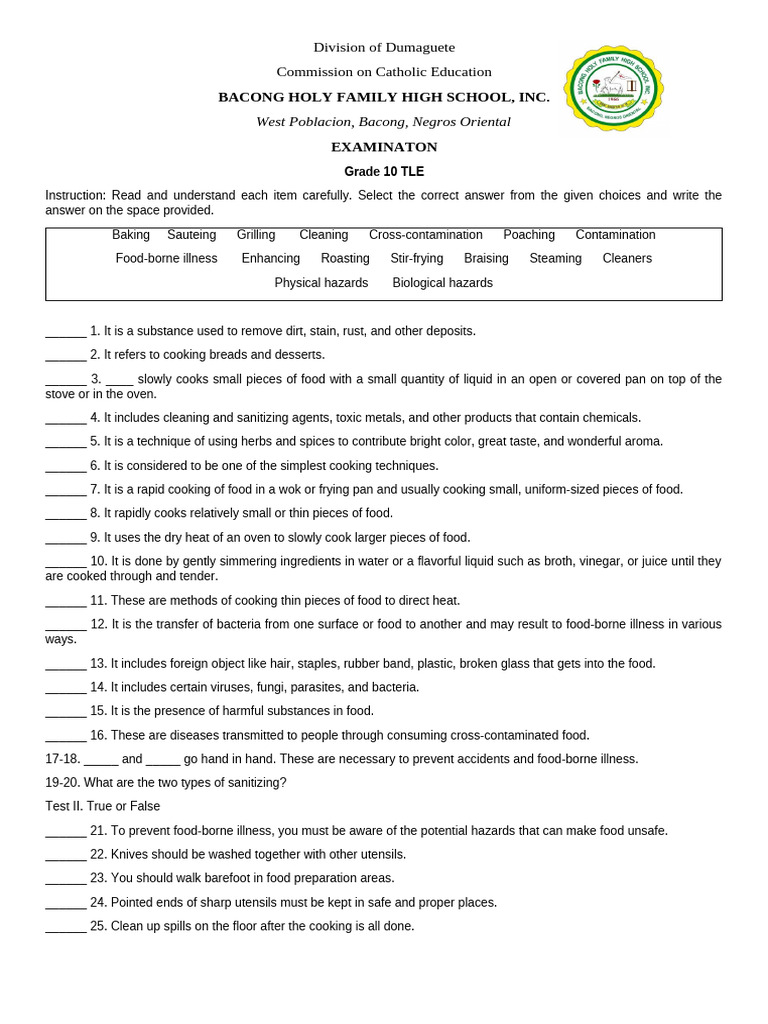 Grade 10 TLE Exam: Cooking Techniques | PDF | Cooking | Foods