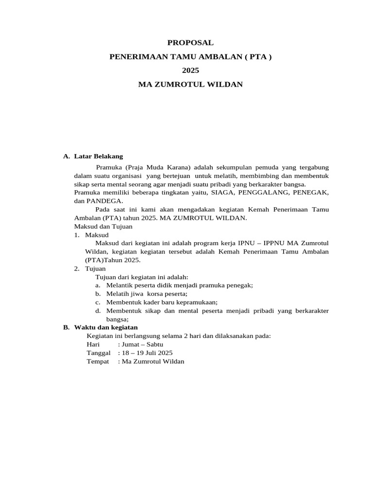 Proposal Kemah PTA 2025 MA Zumrotul Wildan | PDF