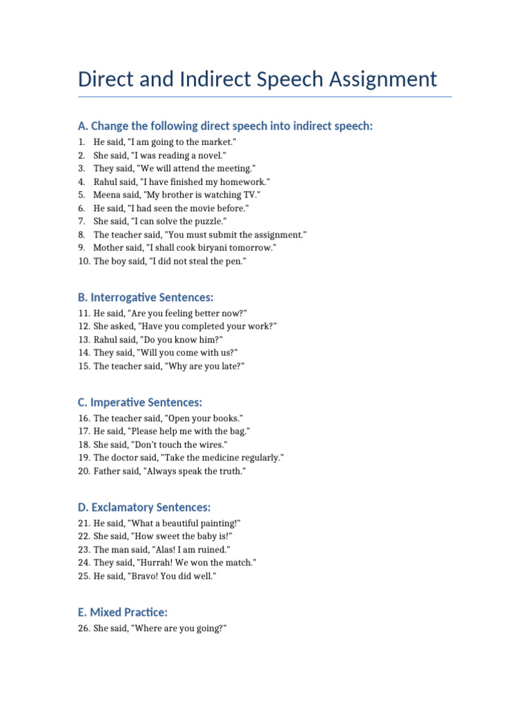 Direct and Indirect Speech Exercises | PDF