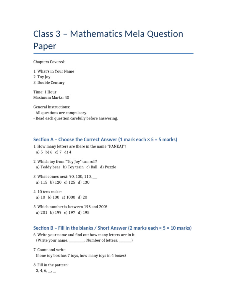 Class 3 Maths Mela Question Paper | PDF