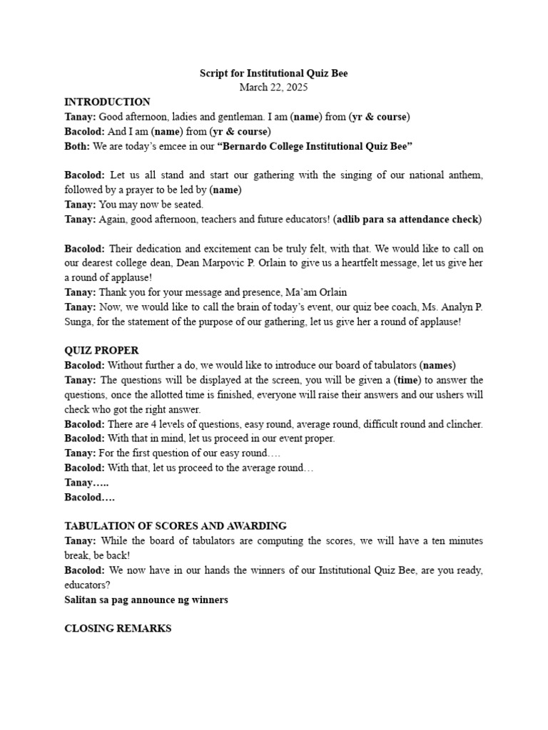 Quiz Master Script for Institutional Event | PDF