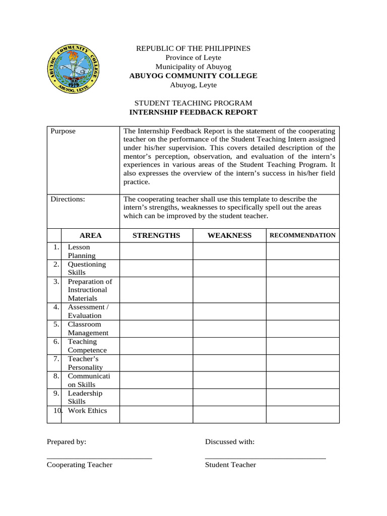 Internship Feedback Report Template | PDF