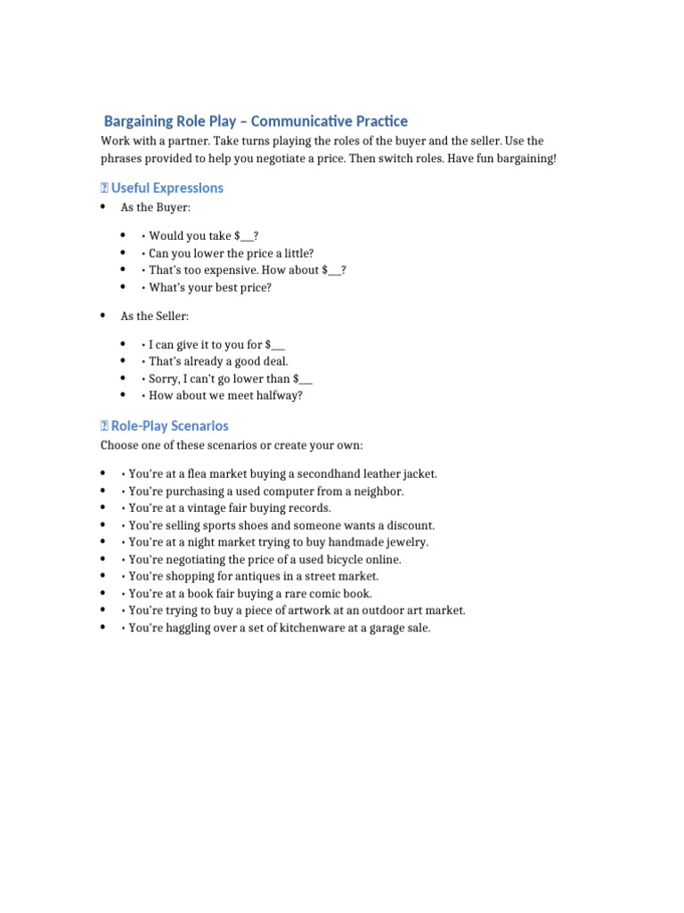Bargaining Role Play Worksheet | PDF